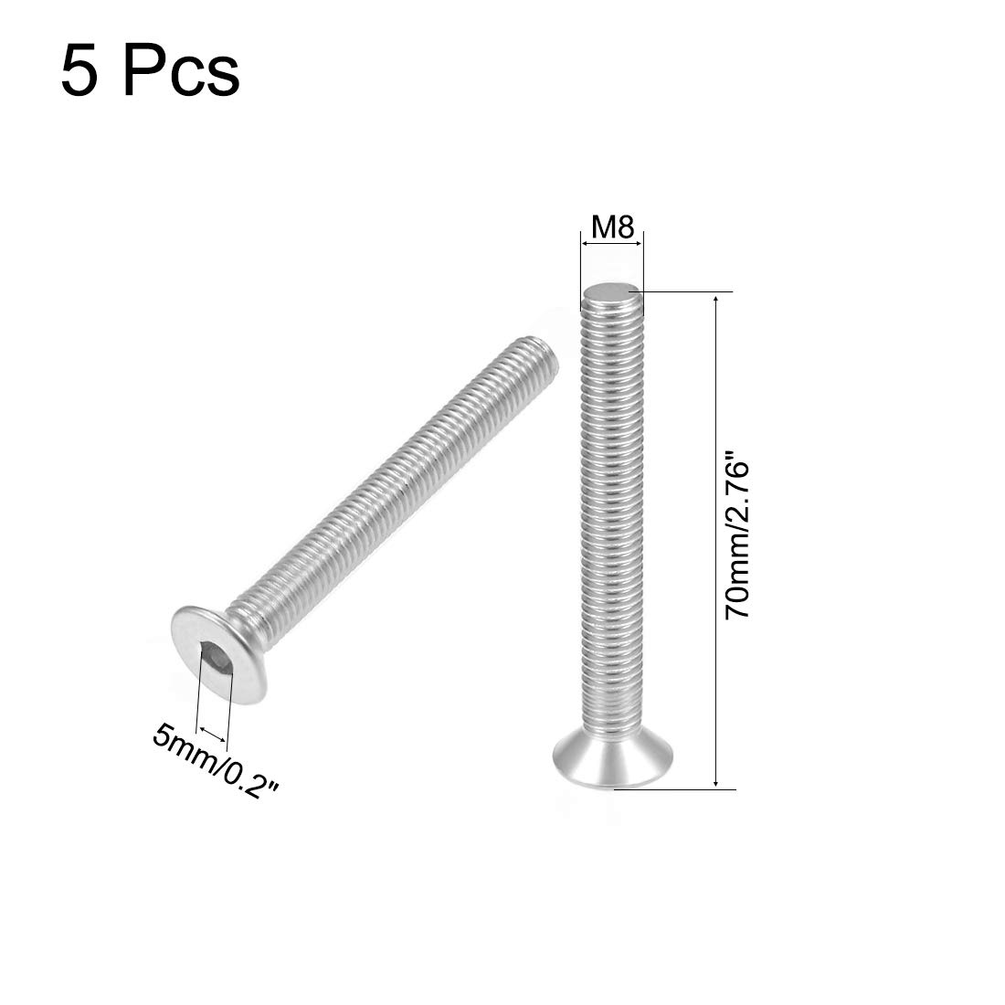 uxcell M8x70mm Flat Head Machine Screws Inner Hex Screw 304 Stainless Steel Fasteners Bolts 5Pcs