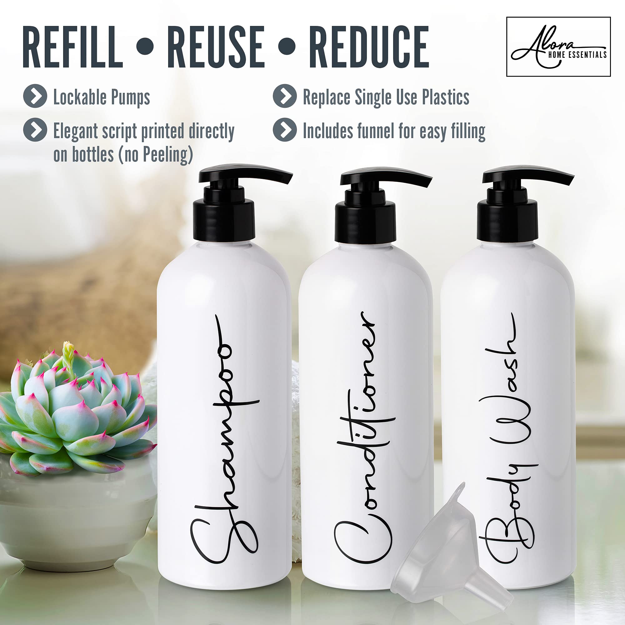Alora 16oz Refillable Shampoo and Conditioner Dispenser Bottles - Set of 3 - Pump Bottle Dispenser for Shampoo, Conditioner, Body Wash - Empty Plastic Refillable Containers for Shower, Matte White