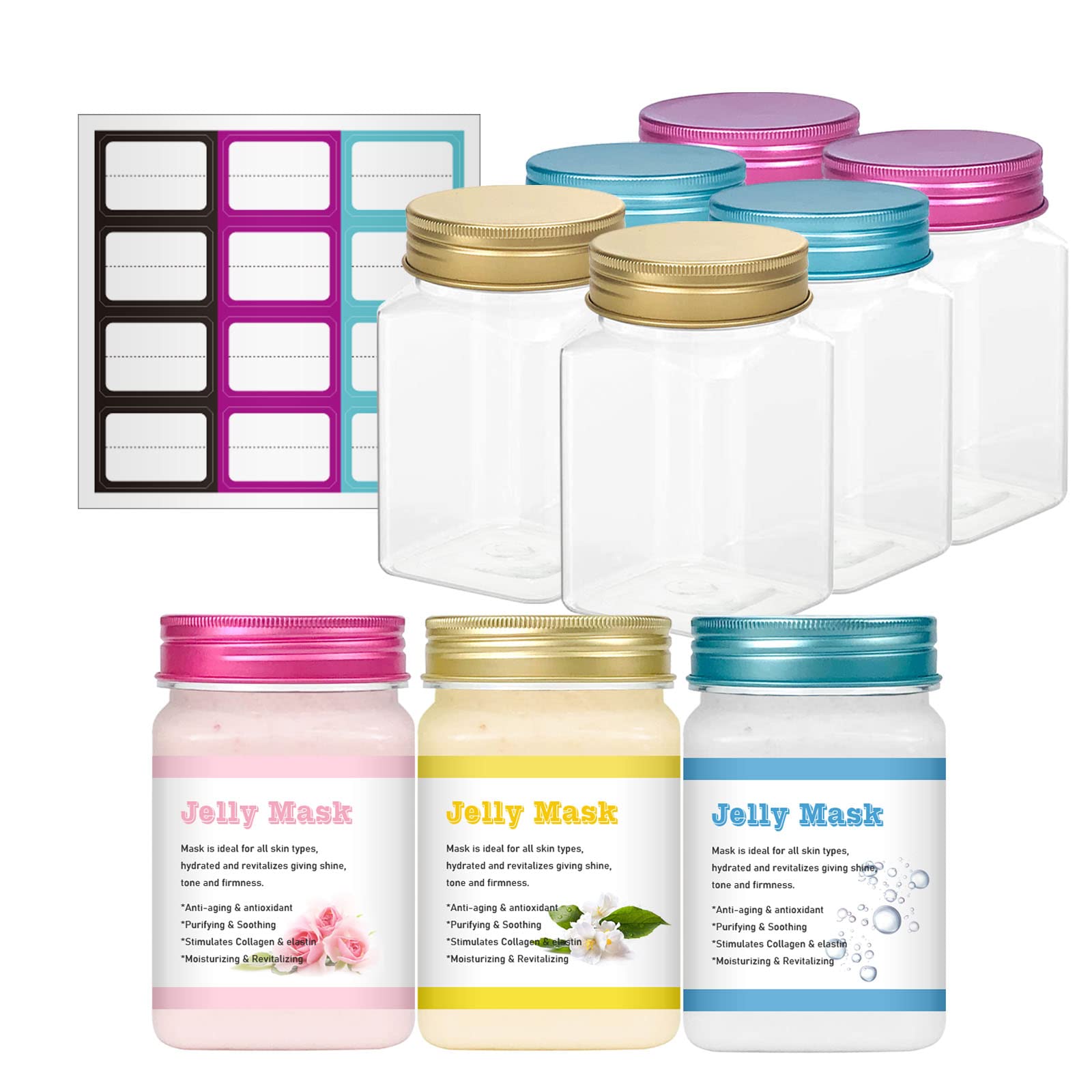 12oz Clear Plastic Jars with Colorful Metal Lid - BPA-Free Refillable Clear Square Cosmetic Container for Storage (6 Pack)
