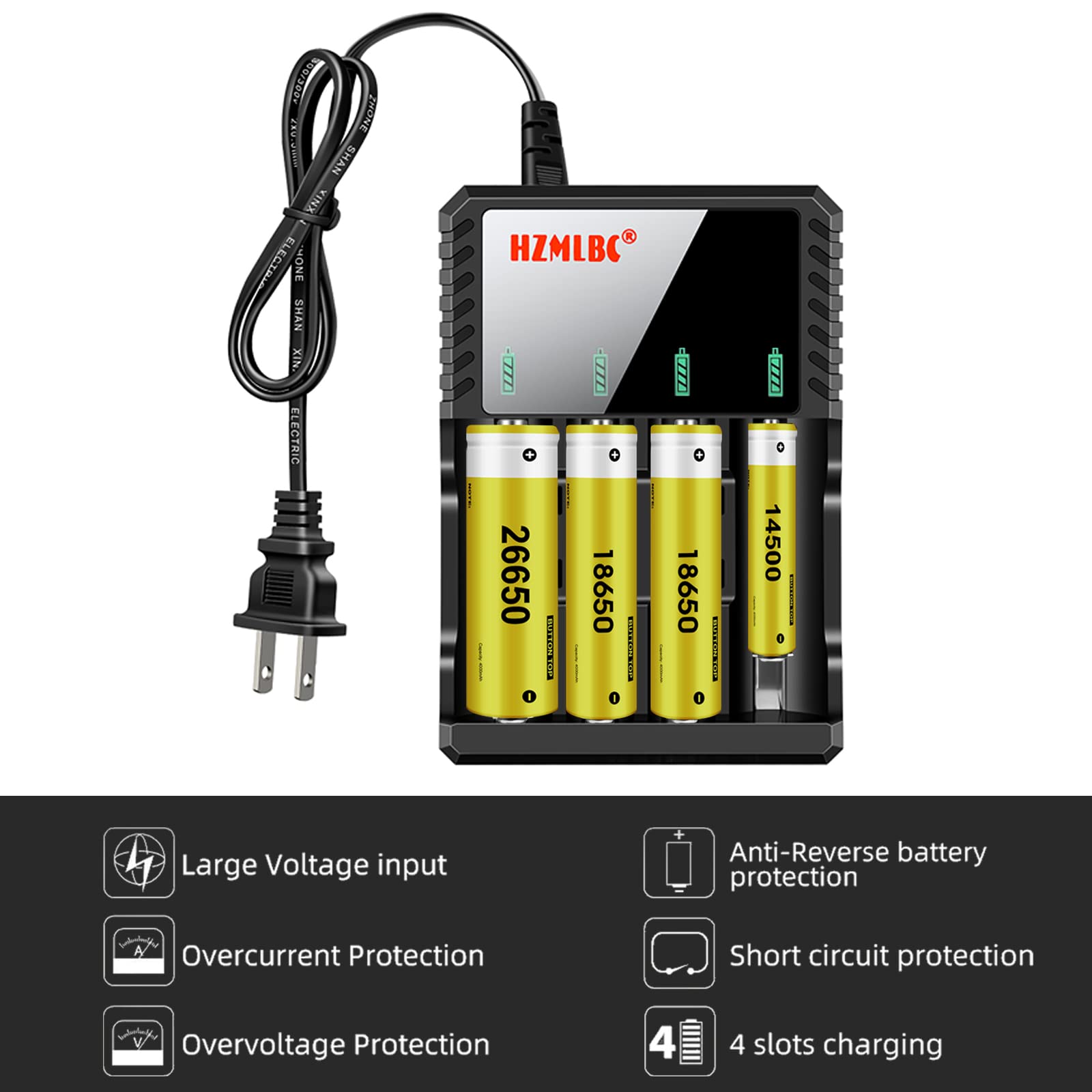 18650 Battery Charger Universal Smart Charger with LED Indicator for 3.7V Li-ion 26650 18500 16650 14500 Rechargeable Batteries (4-Slot)