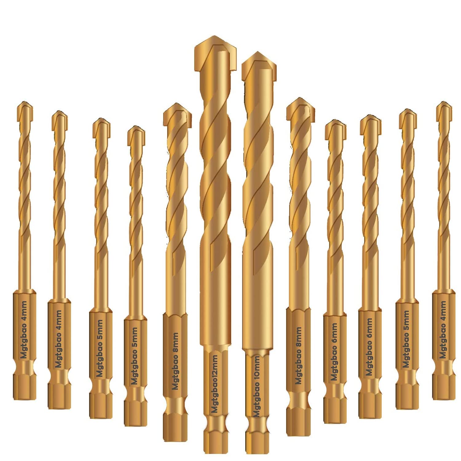 12PC Golden Concrete Drill Bit Set, Mgtgbao Masonry Drill Bits for Tile,Brick, Plastic and Wood Best for Wall Mirror and Ceramic Tile on Concrete and Brick Wall (3/16-1/2")
