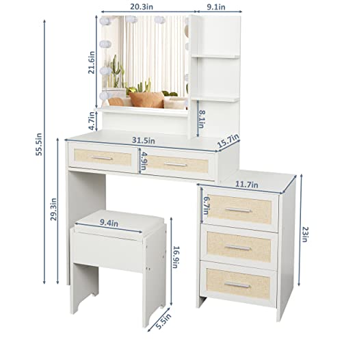 Maupvit Rattan Vanity Desk with Mirror and Lights, Boho Makeup Vanity Table Set with Nightstand, 5 Drawers & 10 Bulbs, Metal Silver Handle, 3 Open Shelves, Dressing Table with Cushioned Stool (White)