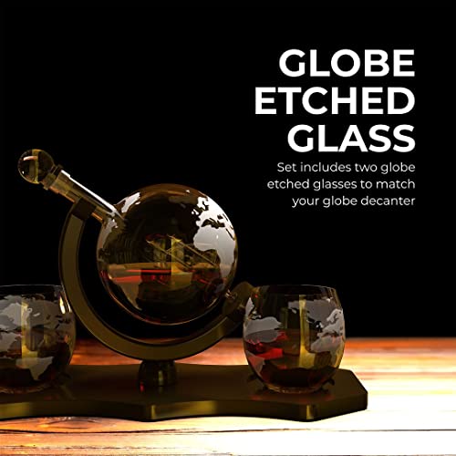 Chef's Star Whiskey Decanter Set for Men- Etched Globe Decanter Set with 2 Etched Globe Glasses, for Whiskey, Bourbon, 2 Globe Etched Glasses and Whiskey Stones, Liquor Gift Set, 850ml (28 oz)