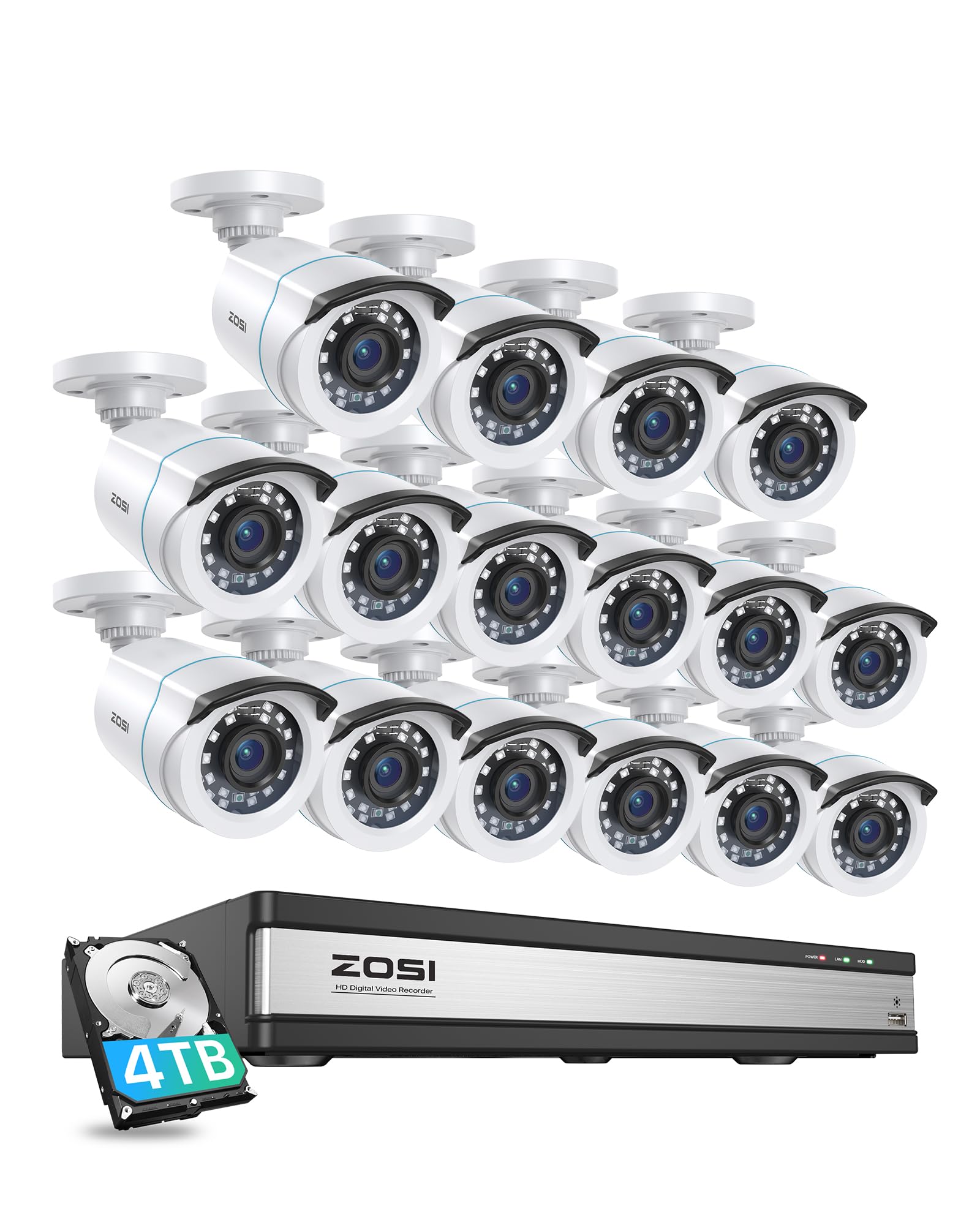 ZOSI H.265+ 16CH Security Camera System with AI Human Vehicle Detection, 16CH DVR with 4TB HDD for 7/24 record, 16 x 1080p CCTV Camera Outdoor Indoor with 80ft Night Vision°Wide Angle, 90°Wide Angle