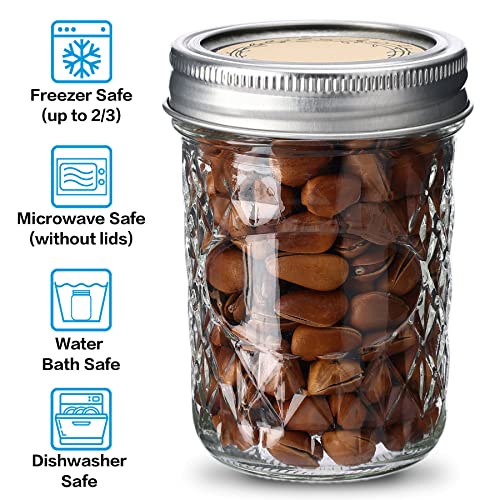12 Pack Mason Jars 8 oz with Airtight Lids, Glass Regular Mouth Canning Jars, Small Quilted Crystal Jars for Jelly, Jam, Overnight Oats, Meal Prep