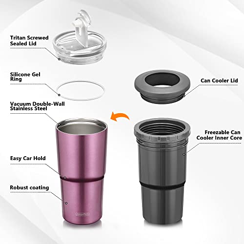 5 In 1 Freezable Can Cooler, Insulated Stainless Steel 24 oz Tumbler with Freezable Drink Can Cooler for all 12 oz Slim Can,Regular Can,Beer Bottle & All Drinks(Pink)