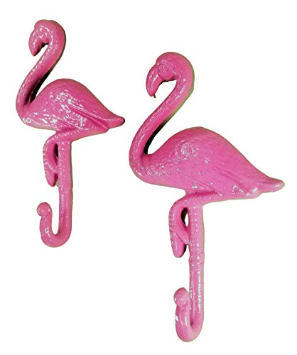 2 pc Pink Flamingo Wall Hooks Vintage Cast Iron