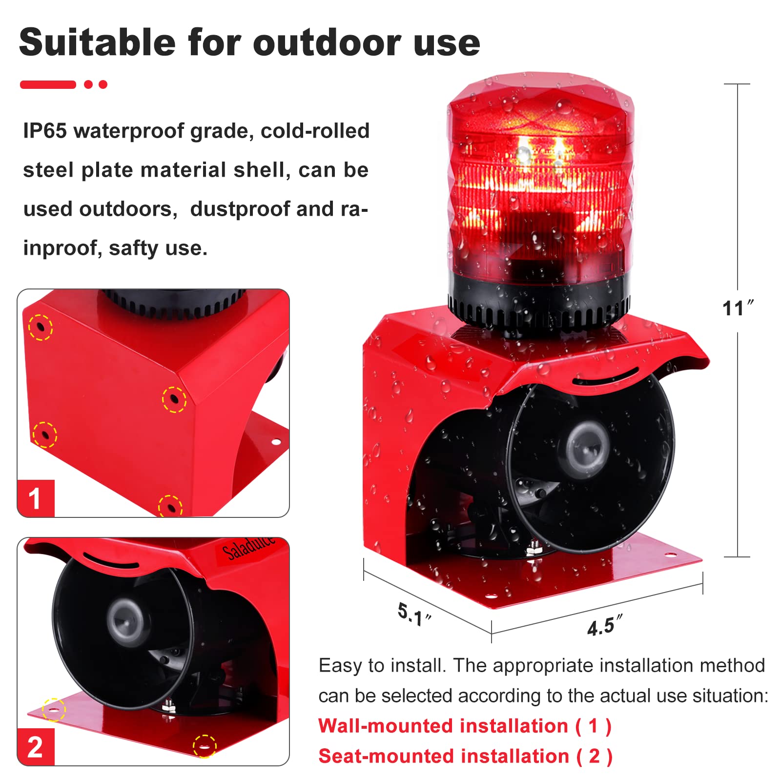 Saladulce Industrial Sound and Light Alarm Emergency Warning Light Outdoor Alarm Horn Siren Safety Voice Strobe Flash 120dB Waterproof (AC 110V-220V)