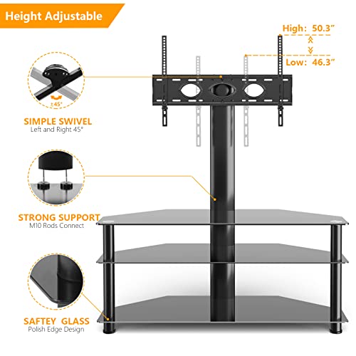 5Rcom Corner TV Stand,TV Stand with Mount with 3 Tier Tempered Glass Shelves for 32-75 Inch TVs, Max VESA 600X400mm, Television Stand