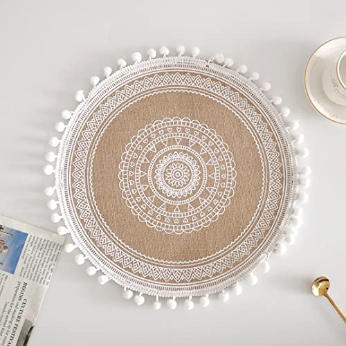 2 Pcs Boho Round Place Mats with Pompom Woven Jute Placemats Rustic Macrame Coasters for Dining Room Kitchen Table Decor Style 6