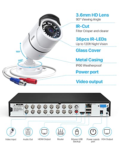 ZOSI H.265+ 1080p 16 Channel Home Security Camera System, 16CH DVR with AI Human Vehicle Detect, 12 x 1080p Surveillance Camera Outdoor, 120ft Night Vision, 105°Wide Angle, Remote Access, 4TB HDD