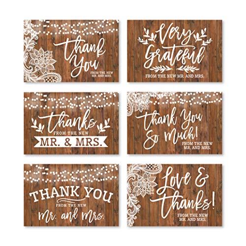24 Rustic Wedding Thank You Cards With Envelopes, Elegant Bridal Shower Thank You Note From The New Mr. & Mrs. Newlywed Faux Wood Gratitude Supplies, 4x6 Personalized Bulk So Grateful Stationery