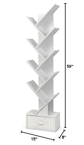 Giantex Tree Bookshelf with Drawer, 10 Shelf Space Saving White Wooden Bookcase, Freestanding Retro Wood Storage Rack, Decorative Bookshelf with Storage