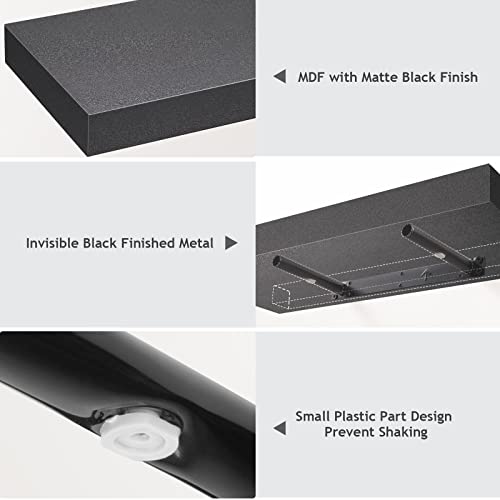 AMADA HOMEFURNISHING Floating Shelves Black, Wall Shelves with Invisible Brackets for Bedroom, Bathroom, Living Room, Kitchen, Set of 3 - AMFS07