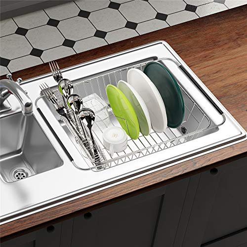 blitzlabs Dish Drying Rack Expandable Dish Drainer Rack Large Drain Dish Rack Shelf in Sink or Over Sink or On Counter Stainless Steel Dish Rack with Utensil Silverware Cutlery Holder