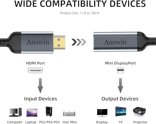 Answin HDMI to Mini DisplayPort Adapter, 4K HDMI to Mini DisplayPort Active HDMI 1.4 Source for Xbox One/360, Mac Mini, PC/Laptops to Mini DP 1.2 Out Monitor with DisplayPort/Mini DisplayPort