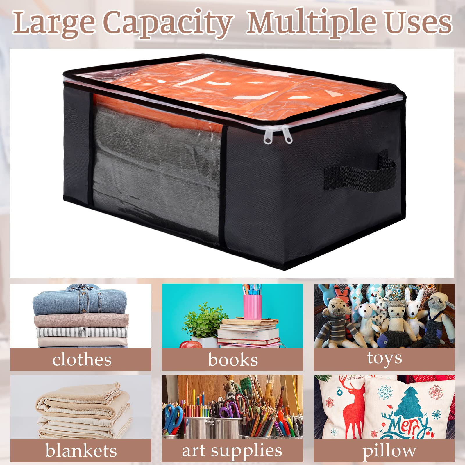 6 Pcs Clear Zippered Storage Bags Plastic Clothes Containers Fabric Blanket Organizer Large Storage Bins with Handles for Bedding Sheets Closet Blankets Toys (Gray, 16 x 12 x 8 Inch)