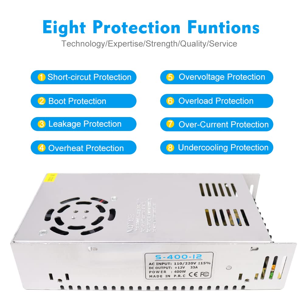 12V 33.3A Universal Regulated Switching Power Supply,400W 100-240V AC to DC, for CCTV, Radio, Computer Project, LED Strip Lights, 3D Printer