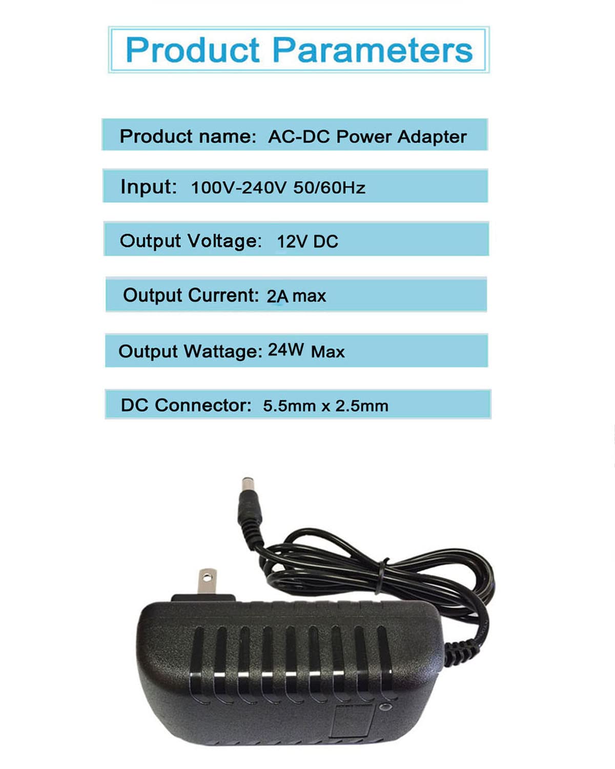 12 Volt 2A Power Supply DC 12v Power Cord 100-240V AC to DC 12V 2Amp 1A Power Supply Adapter 12V AC/DC Adapter Transformer 5.5mm x 2.5mm dc Plug for DC 12V LED Strip Security CCTV Camera