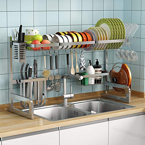 1Easylife Over The Sink Dish Drying Rack Adjustable 2-Tier Large Dish Dryer Rack for Kitchen Organizer Storage Space Saver Shelf Utensils Holder with 7 Utility Hook Tableware Drainer (Silver)