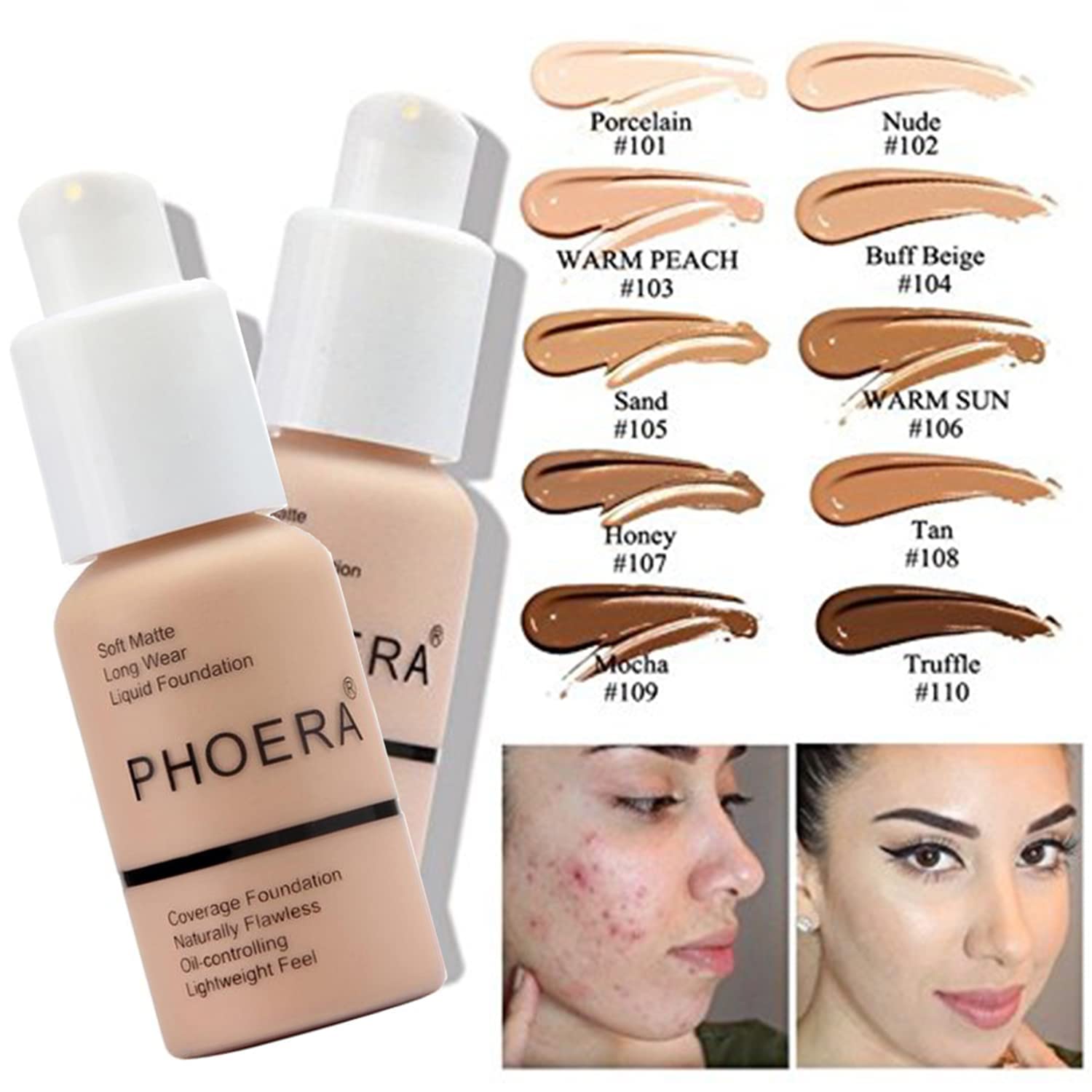 PHOERA Foundation Full Coverage Makeup, Mushroom Head Air Cushion CC Cream Natural Foundation, PHOERA Primer, PHOERA Powder, Brushes Foundation Brush,2 Makeup Sponge(102Nude+ 02Natural CC)