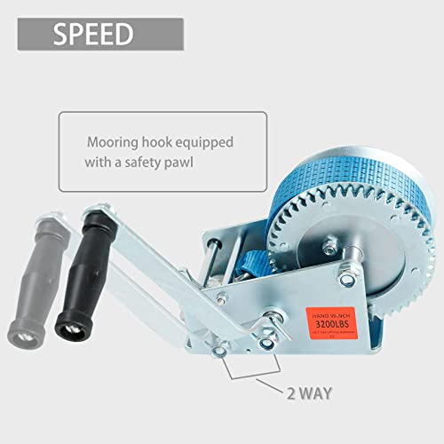 3200lbs Hand Crank Winch with Hook Polyester Blue Webbed Strap 2 Gear ATV Boat Trailer