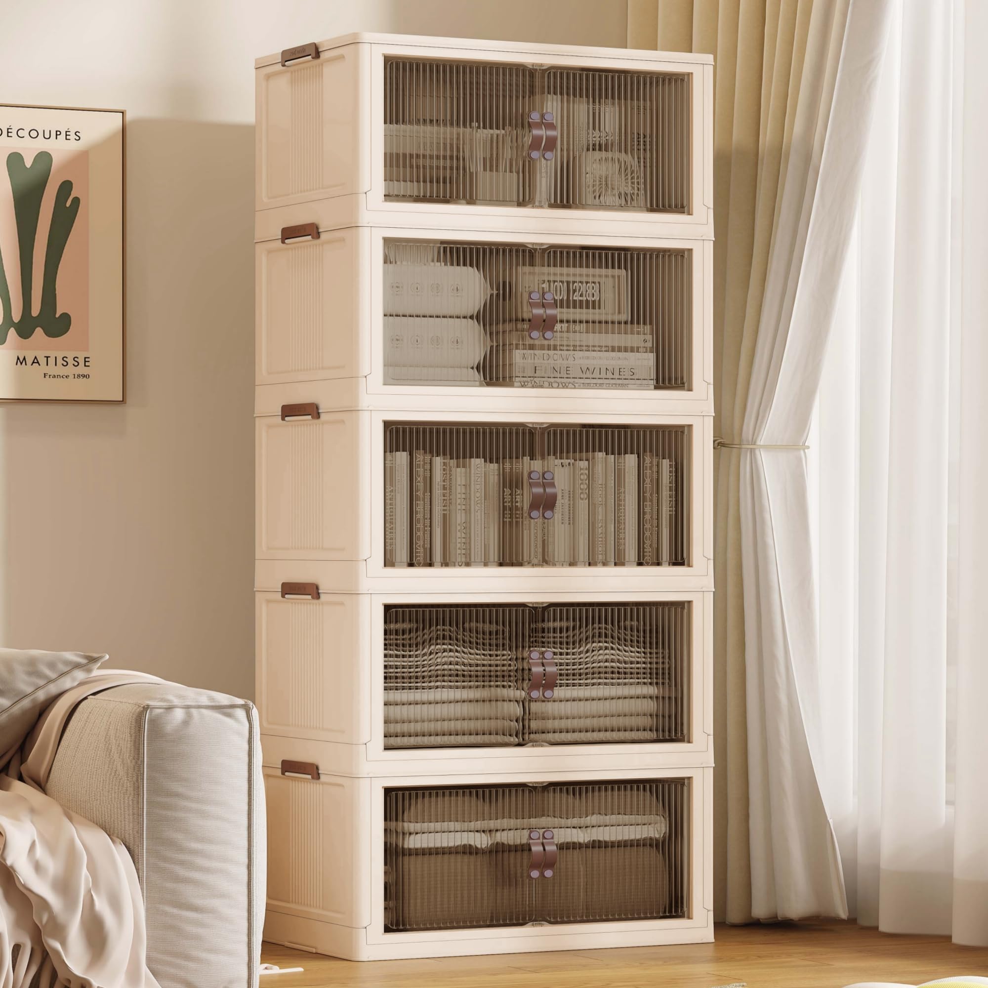 136Gal(543Qt) Stackable Storage Bins Folding Collapsible Storage Bins with Lid, Closet Organizers and Storage, Storage Box with Door Beige 26" W x 17" D x 71" H