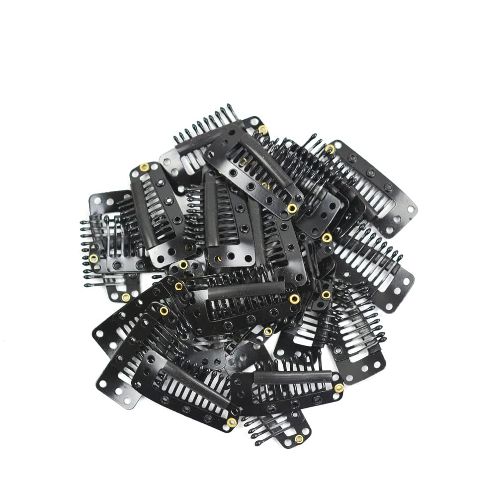 24 Pcs/lot Metal Snap Clips for Hair Extensions, Wigs, Hairpieces and Accessories - 36mm 10-teeth Combs (Black)