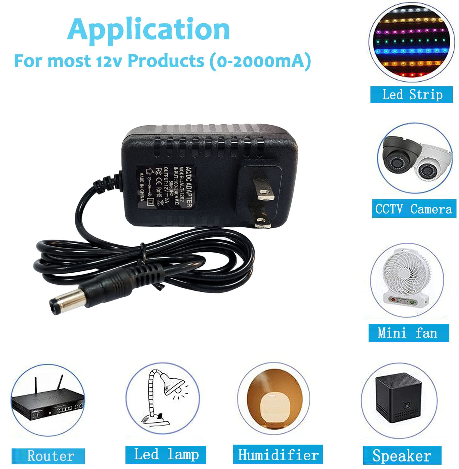 12 Volt 2A Power Adapter Supply, AC 100-240V to DC 12 V Power Supply Transformer Charger Wall Plug for DC12V Light Security CCTV Camera, Black, 8x5x3.3 cm