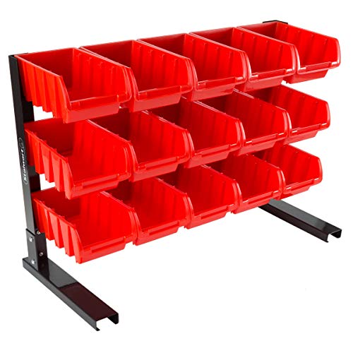 15-Bin Garage Organization Rack - Carbon Steel Rack with Removable Stackable Plastic Garage Storage Bins - Tools Organizer or Small Parts Organizer for Hardware, Crafts, or Office Supplies by Stalwart