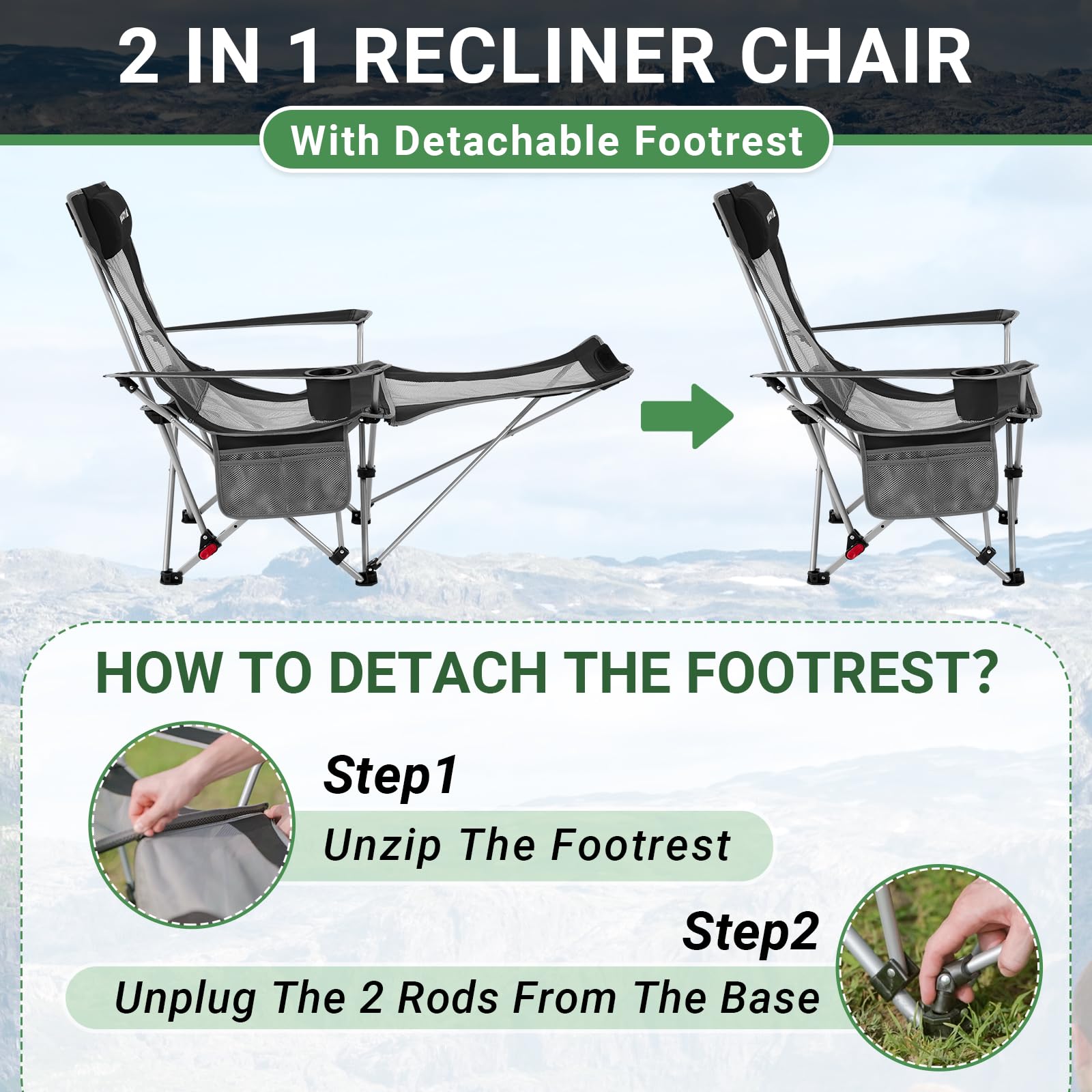 #WEJOY 2-in-1 Reclining Camping Chair with Removable Umbrella Lightweight Folding Camping Chair with Adjustable Backrest & Footrest Portable Patio Lounge Chair with Headrest, Cup Holder for Outdoor