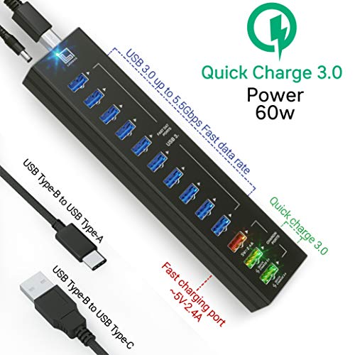 LATORICE USB Hub Powered, 13 Multi-Port USB Hub with 10 USB 3.0 Ports 2 IQ Quick Charge Ports, and Port with up to 2,4A Power, Powered USB Splitter with Cords C and A, Unibody Aluminum USB HUB
