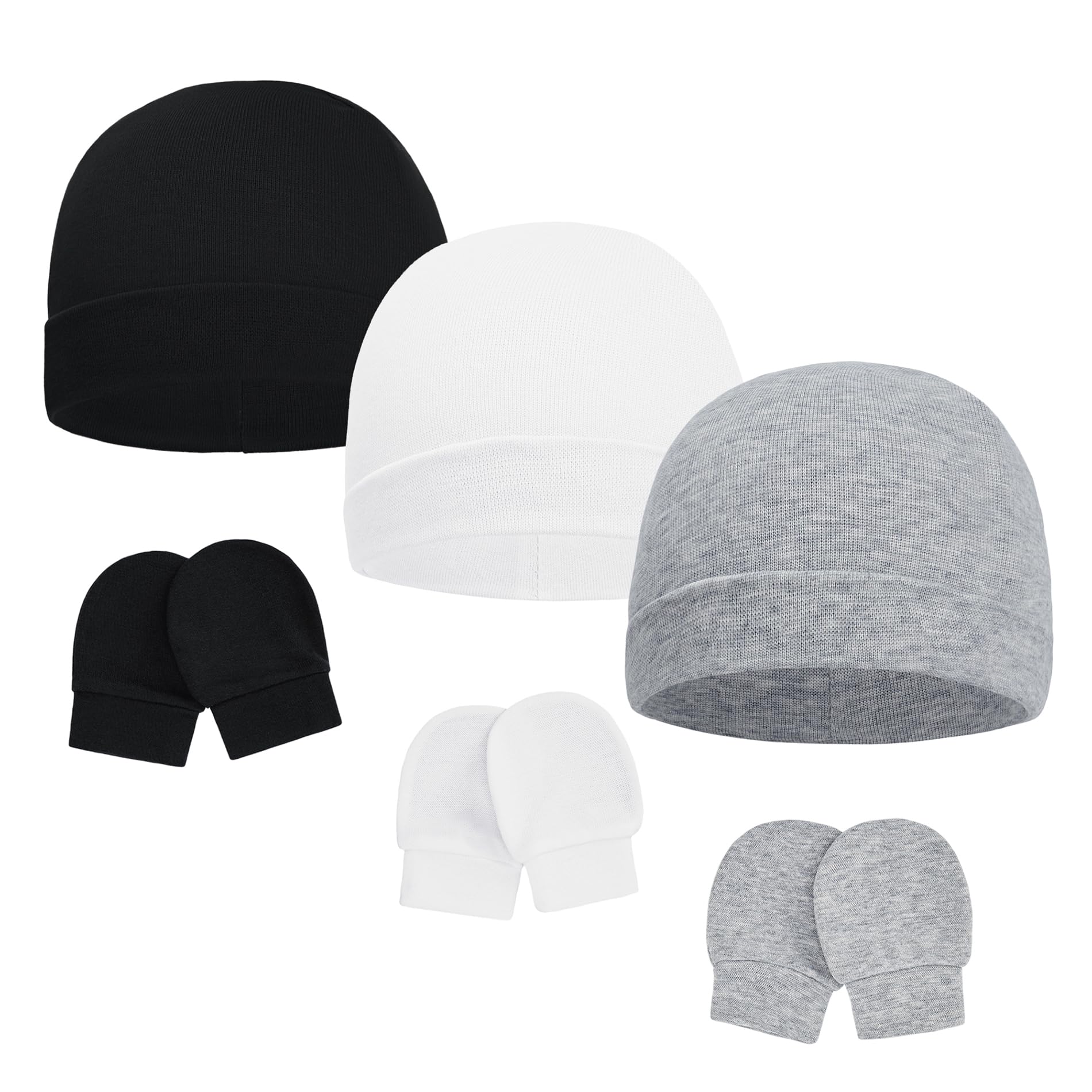 American Trends Baby Beanies for Boys Girls Newborn Infant Hat with Mittens Cute Cotton Hospital Hats for 0-6 Months 3 Pack Black & White & Gray