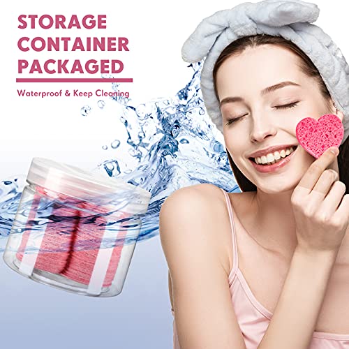 Nuenen 60 Pieces Facial Sponges with Container, Heart Shape Compressed Face Sponges Natural Cleaning Pads for Washing Face Cleaning Exfoliating Esthetician Makeup Removal(Pink)