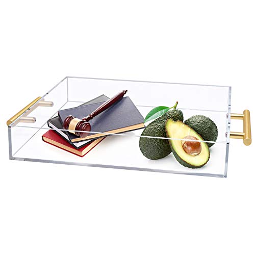 12x12 Clear Acrylic Serving Tray with Gold Handle, Clear Square Plastic Serving Tray Food Serving Tray for Breakfast Coffee Bread Kitchen Home Decor(12x12 inches)