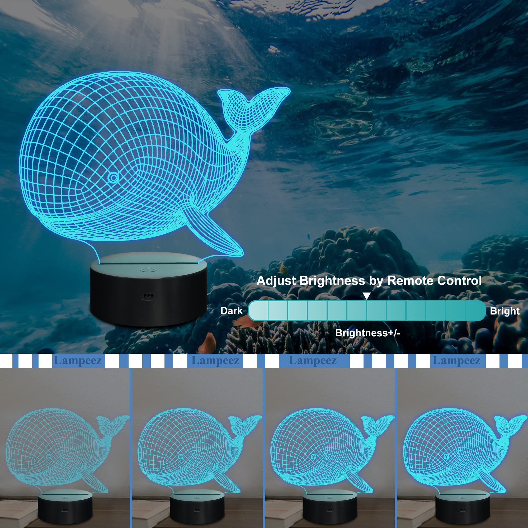 Lampeez Ocean Sea Animals 3D Lamp Kits,Dolphin, Marlin,Shark,Whale 3D Night Light for Kids (4 Patterns) with Remote Control & 16 Colors Changing & Dimmable Function & Xmas Birthday Gifts for Boy Girl