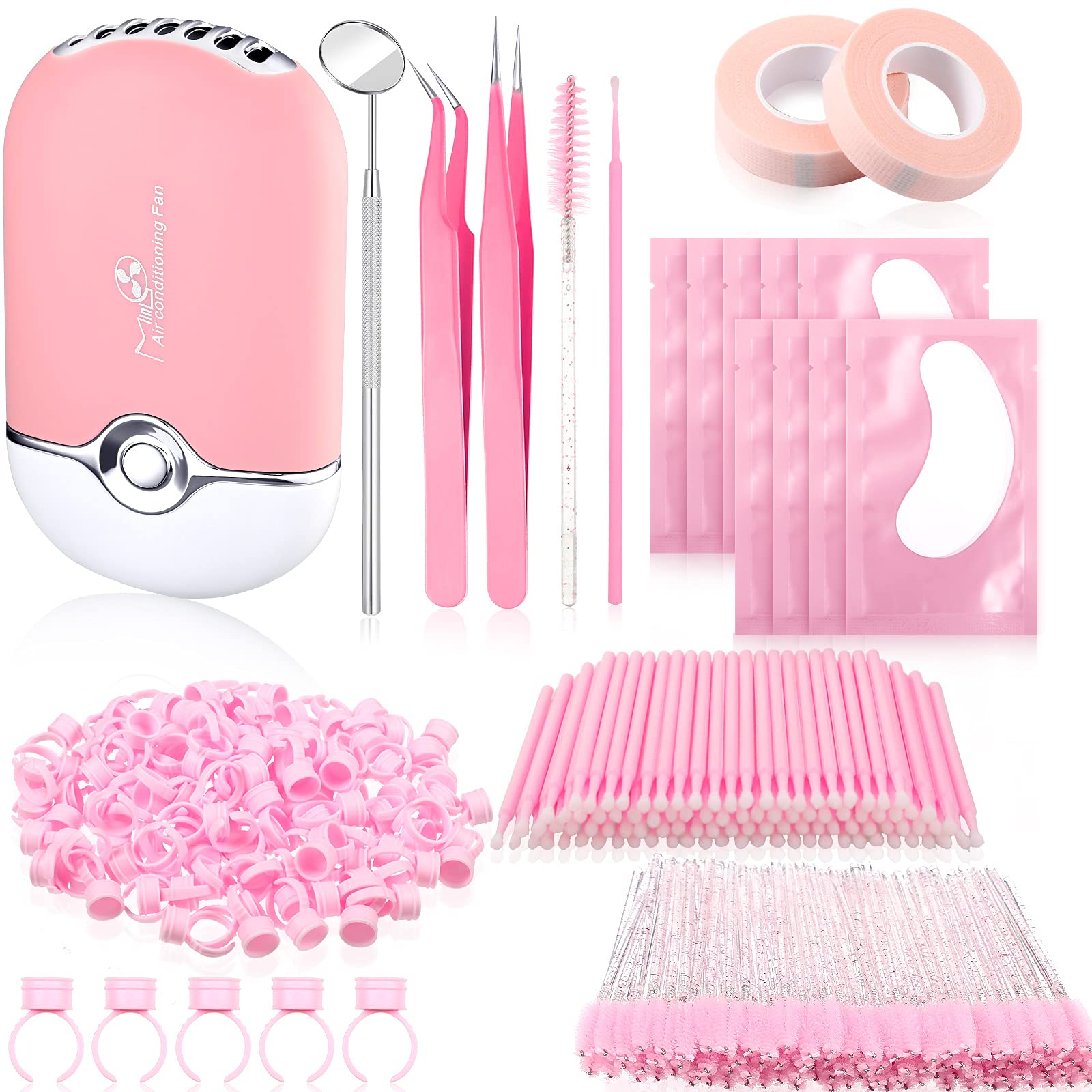 316 PCS Eyelash Extension Supplies, USB Mini Portable Air Conditioning Blower Handheld Dryer Fan Rechargeable Mini Mirror, Tapes, Tweezers, Eyelash Brushes, Micro Brush Applicators(Pink)