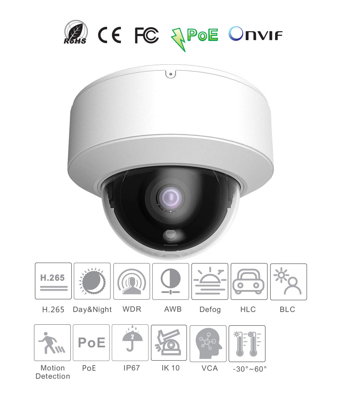 Titanium IP-5VP5S31/28 5MP IR 2.8 Fixed Dome Network Camera, 1/2.7" CMOS Sensor, 2592x1944 Max. Resolution, 20~30m IR Night View Distance, Support Three Streams, IP67, IK10