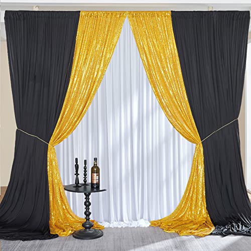 10x10ft Black Backdrop Curtain Panels, 10x10ft White Backdrop Curtains and 10x8ft Gold Sequin Backdrop Curtain Drapes for Party Home Decoration, 6 Panels