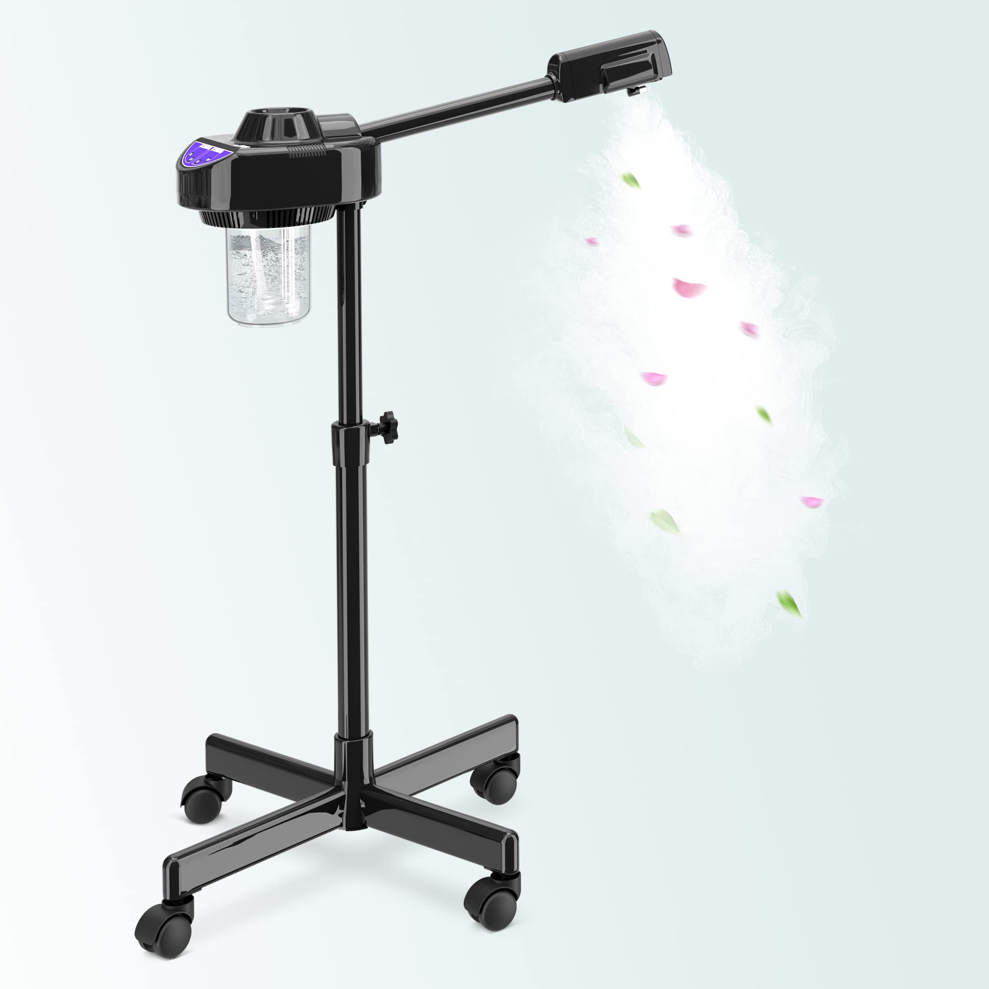 KINGSTEAM Professional Facial Steamer, 2 in 1 Ozone Facial Steamer on Wheels with 3X Magnifying Lamp, Time Preset Function Design for Face Sauna Spa and Personal Care Use at Home (JY-08A Black)