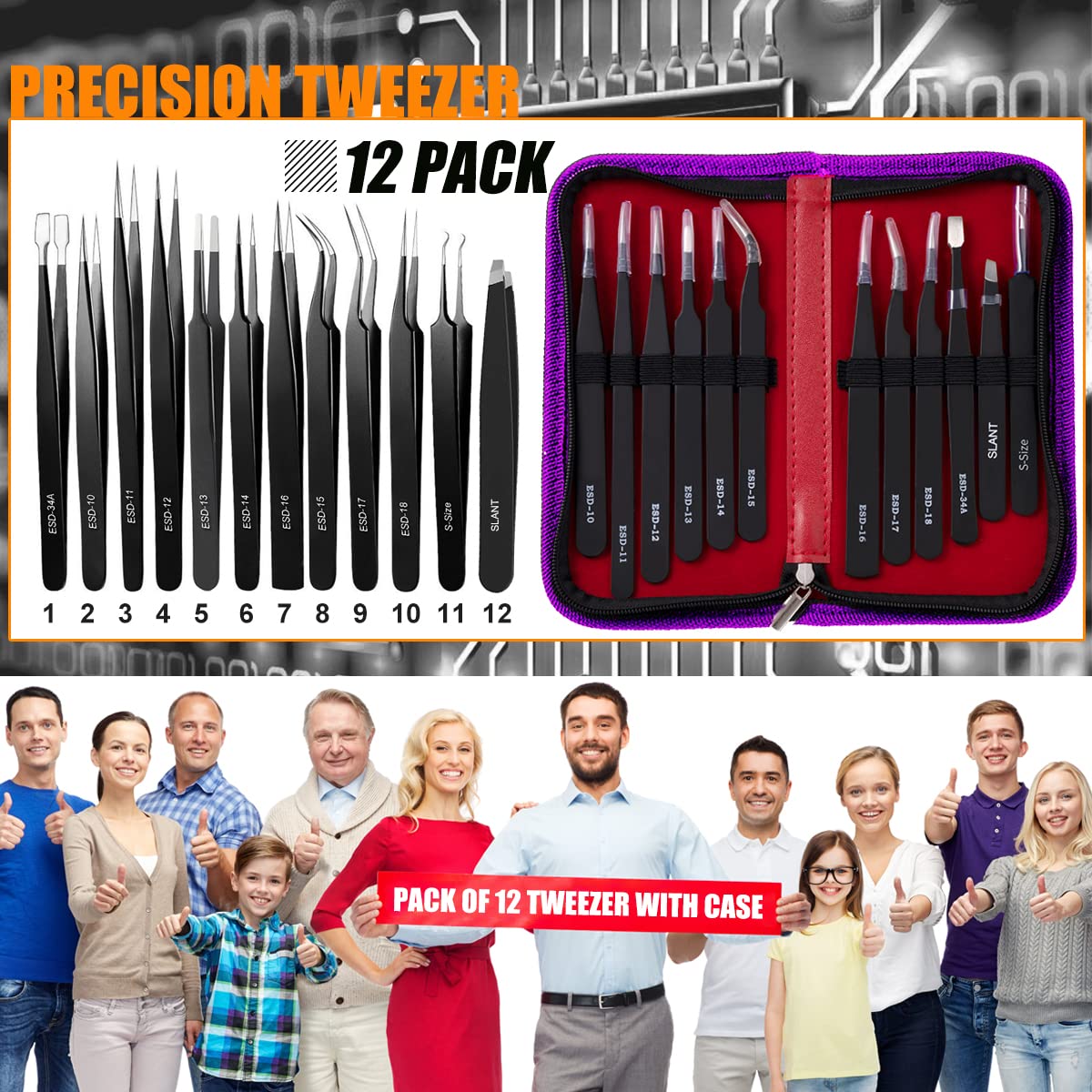 Antonki 12 Pack Precision Tweezers Set, Point and Slant Metal Tweezer Kits for Craft, Soldering, Jewelry, Ingrown Hair, Eyelash Extension, Eyebrow - with Case