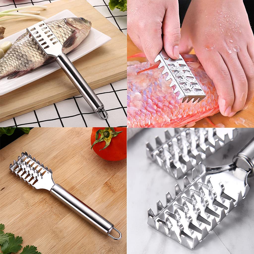 4 Pieces Fish Scale Remover Cleaner Kit Fish Scale Cleaning Tool Fish Skin Grates Stainless Steel Serrated Fish Scale Scraper for Kitchen Fish Cleaning Tools