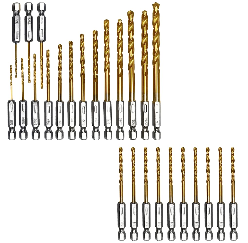 amoolo Hex Shank Drill Bit Set Combo 16Pcs (1/16"-1/4") + 10Pcs 1/8", Premium 4341 HSS Titanium Quick Change Impact Hex Drill Bits for Wood, Steel, Metal, Plastic