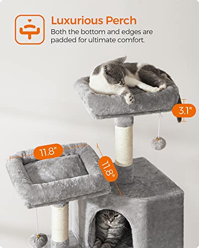 Feandrea Cat Tower, Cat Tree for Indoor Cats, 45.3-Inch Cat Condo with Scratching Post, Ramp, Perch, Spacious Cat Cave, for Kittens, Elderly Cats, Adult Cats, Small Space, Light Gray UPCT141W01