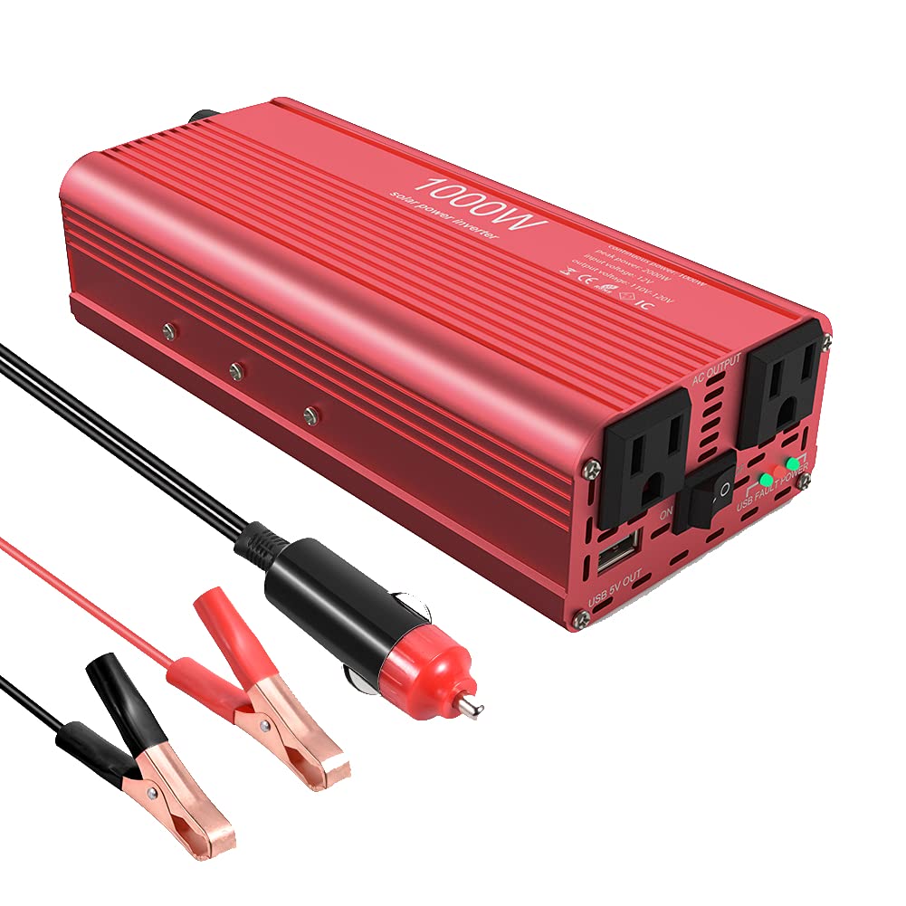 1000W/2000W Power Inverter 12V DC to 110V AC Car Converter with USB Charging Ports and Dual AC Outlets