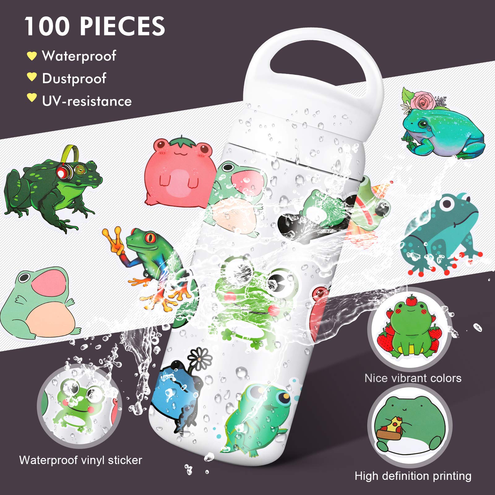100 Pieces Frog Stickers Frog Decals Cute Frog Laptop Vinyl Stickers Cartoon Frog Waterproof Decorative Stickers for Computer, Luggage, Guitar, Bottle, Refrigerator
