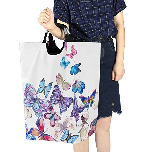 ALAZA Large Laundry Basket Blue & Pink Butterfly Laundry Bag Hamper Collapsible Oxford Cloth Stylish Home Storage Bin with Handles, 22.7 Inch