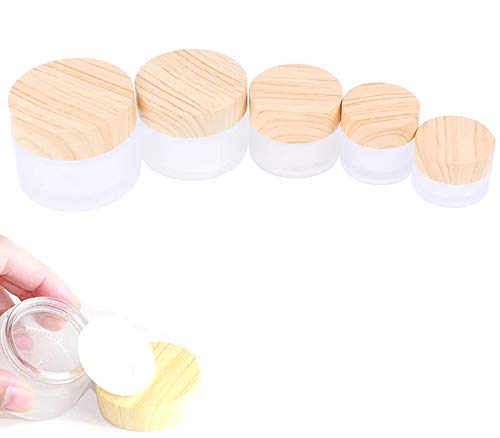 5 Pack 5g/10g/15g/30g/50g Frosted Glass Cream Jar,Empty Makeup Cosmetics Container Jar Pot With Wood Grain Lid for Face Cream Cosmetic Eye Shadow-FREE 5 Plastic Pick Stick