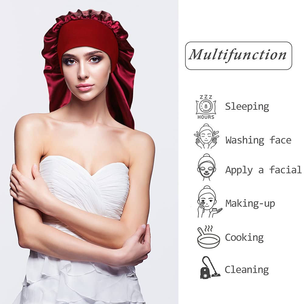 4 Pieces Satin Sleep Cap for Long Hair and Dreadlock, Extra Large 2 PCS Solid Color and 2 PCS Floral Pattern Sleeping Bonnet for Women