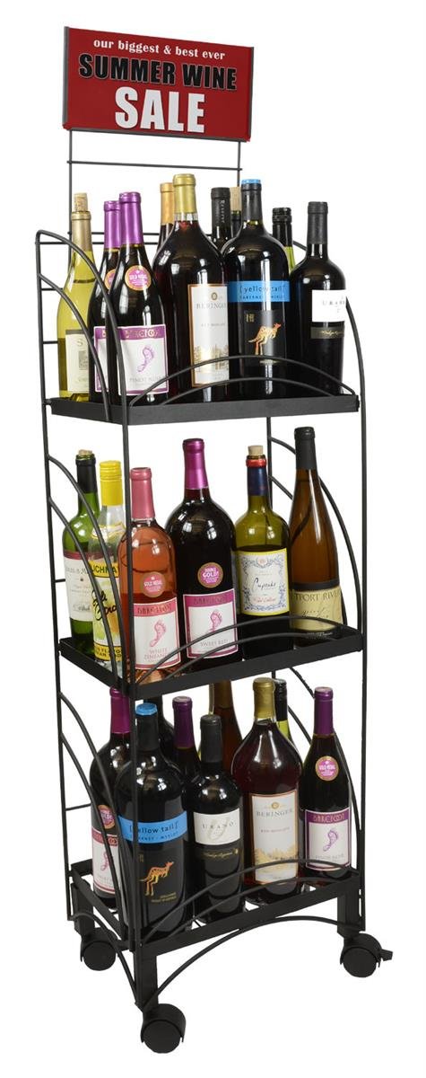 14.5" w Wire Shelving Unit with Locking Wheels, 3 Display Levels, Retail Store Fixture Includes Removable Sign Holder (Black)